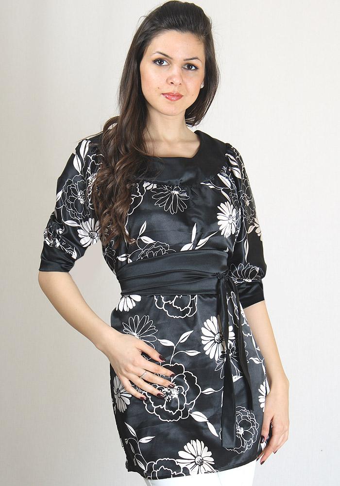 Black satin tunic with flowers with belt RUMENA | Tunics | bg-look.com